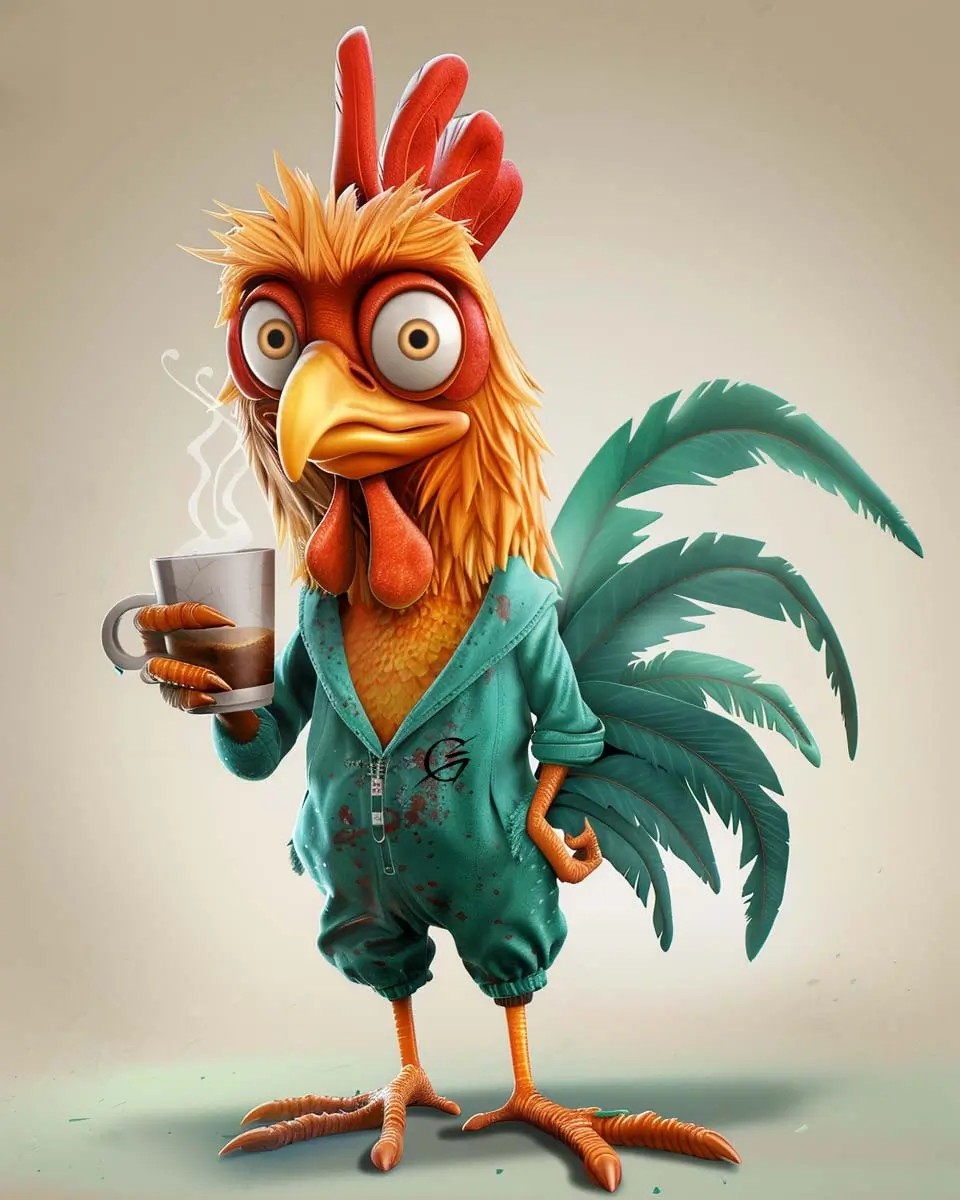 Funny rooster with coffee caricature - A chicken in the morning
